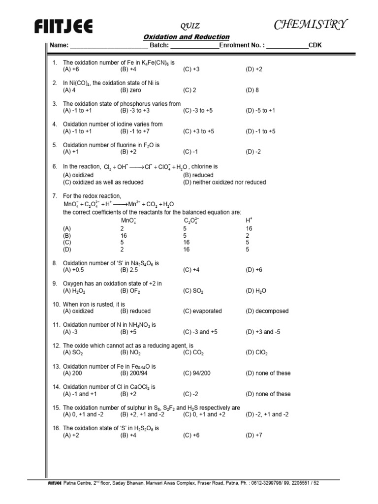 QUIZ - Oxidation and Reduction | PDF | Redox | Physical Sciences