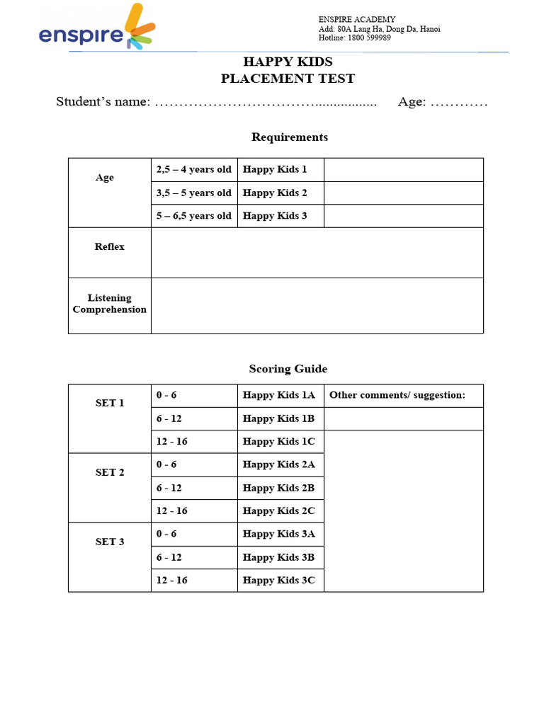 Happy Kids Placement Test Guide | PDF | Language Arts & Discipline