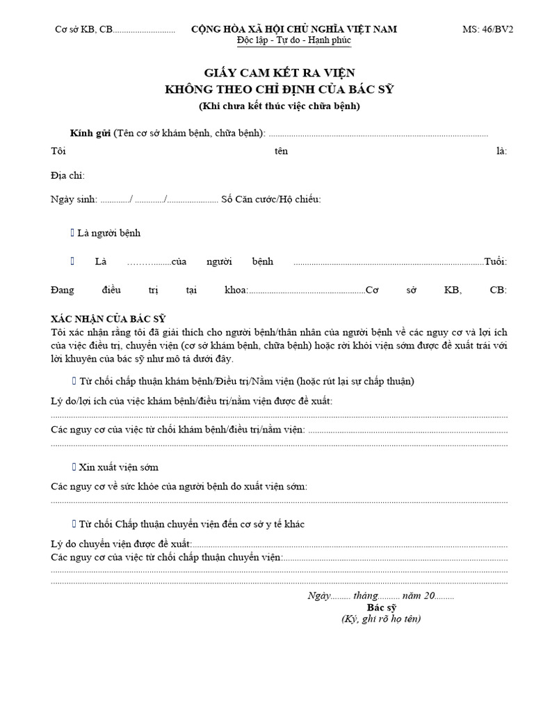 Giay Cam Ket Xac Nhan Ra Vien Khong Theo Chi Dinh Cua Bac Sy | PDF