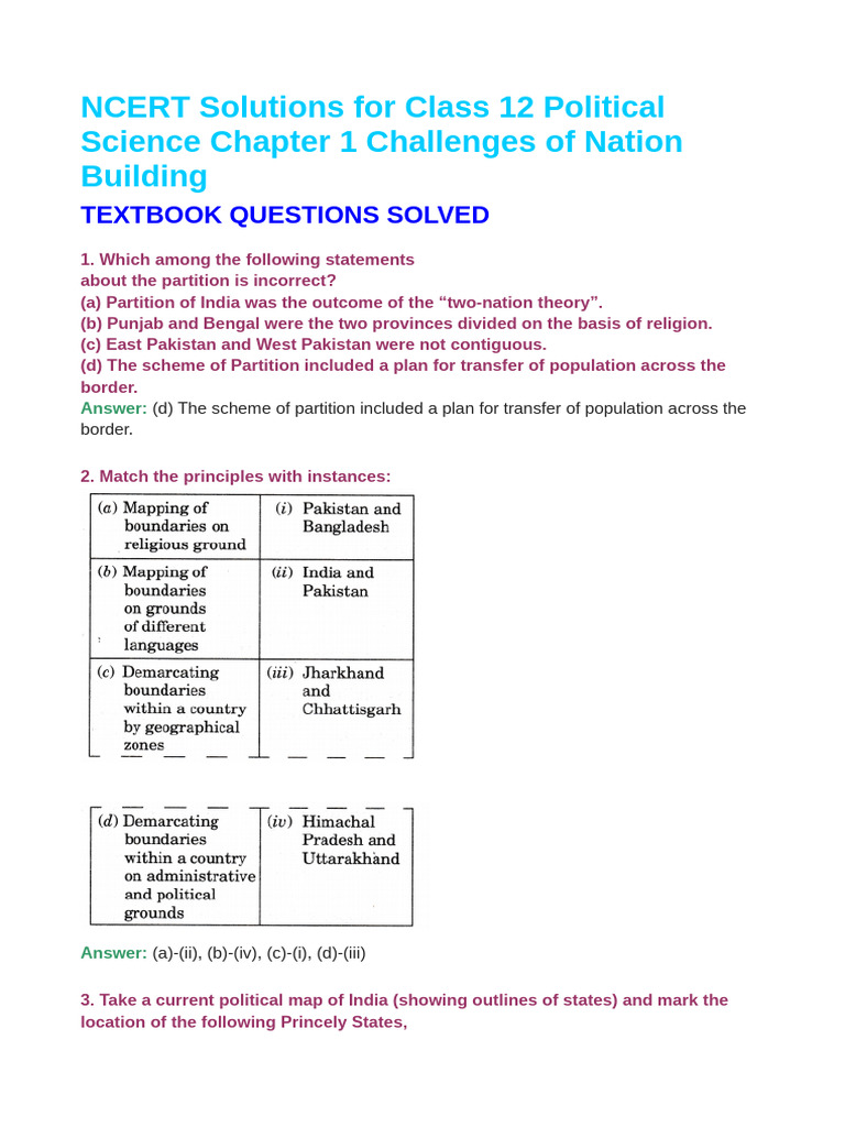 Chapter 1 Challenges of Nation Building | PDF | Partition Of India ...