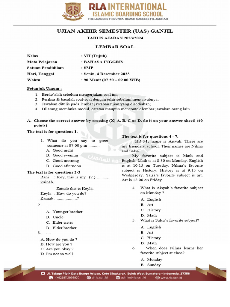 Template Soal Uas Ganjil Ta. 2023-2024 - SMP Rla Iibs | PDF