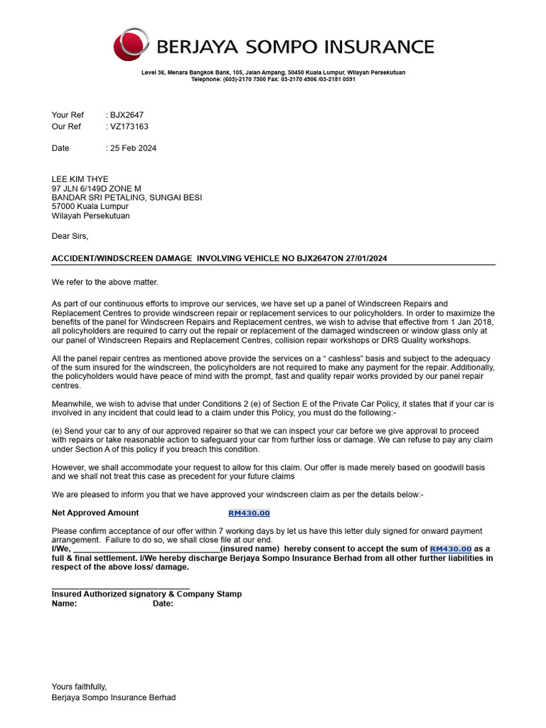 Windscreen Offer Letter To Insured | Download Free PDF | Insurance ...