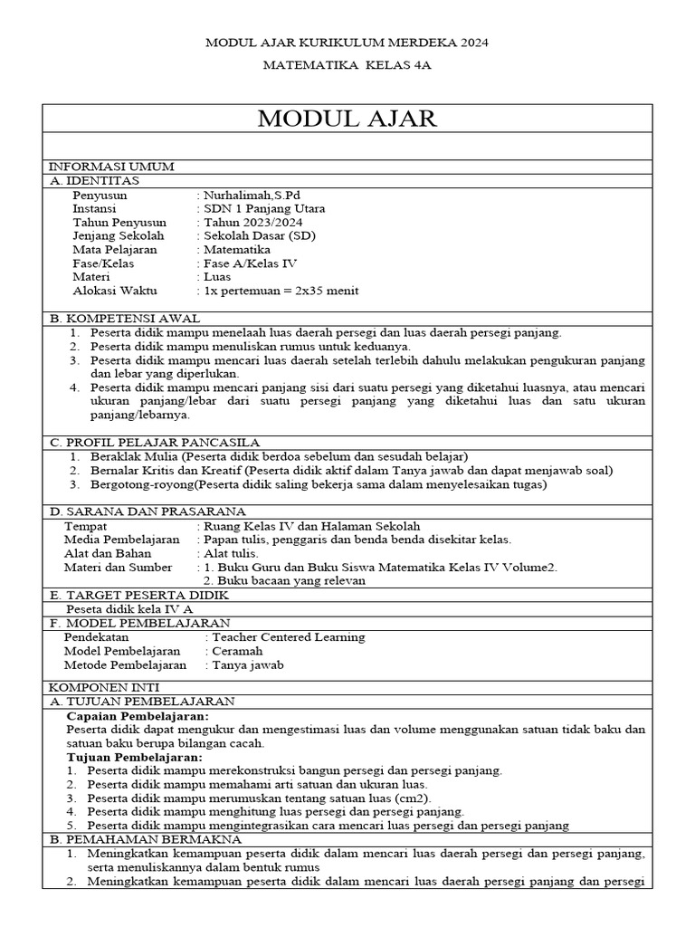 MODUL AJAR MATEMATIKA KELAS 4 SDN 1 PANJANG UTARA | PDF