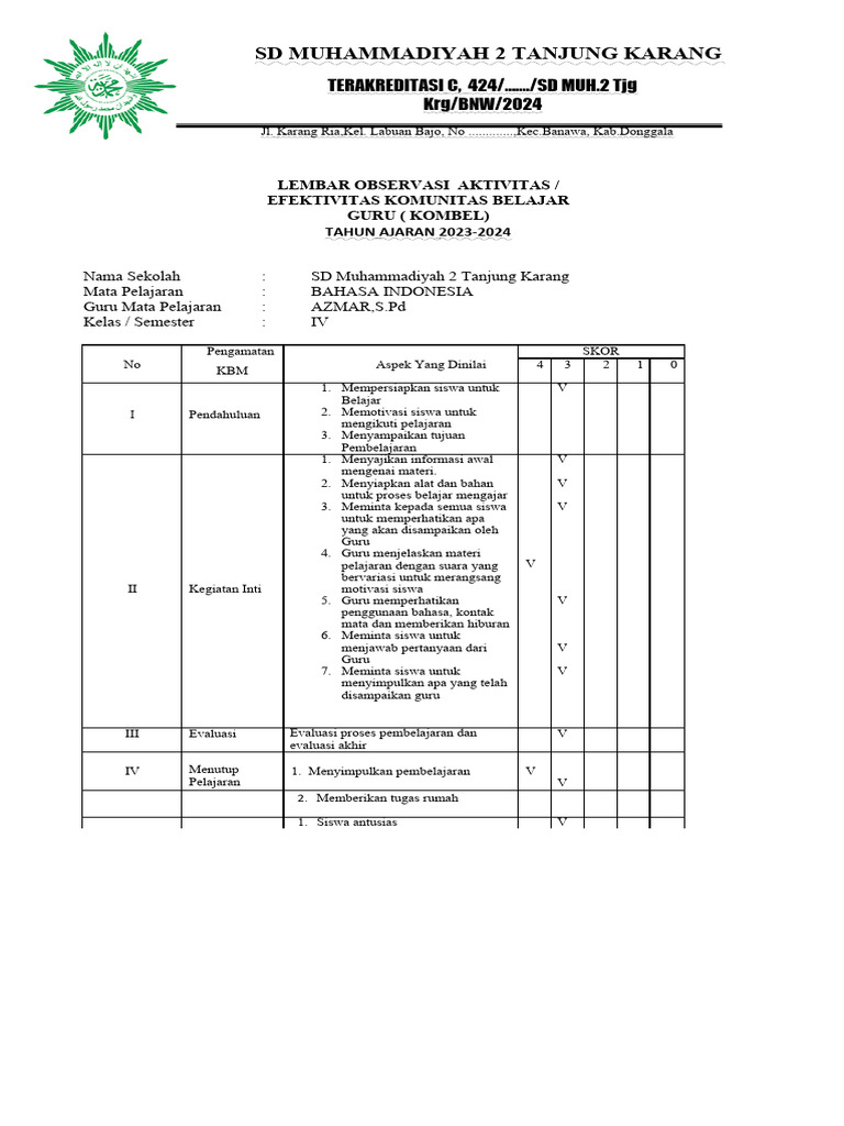 Lembar Observasi Guru 1 | PDF