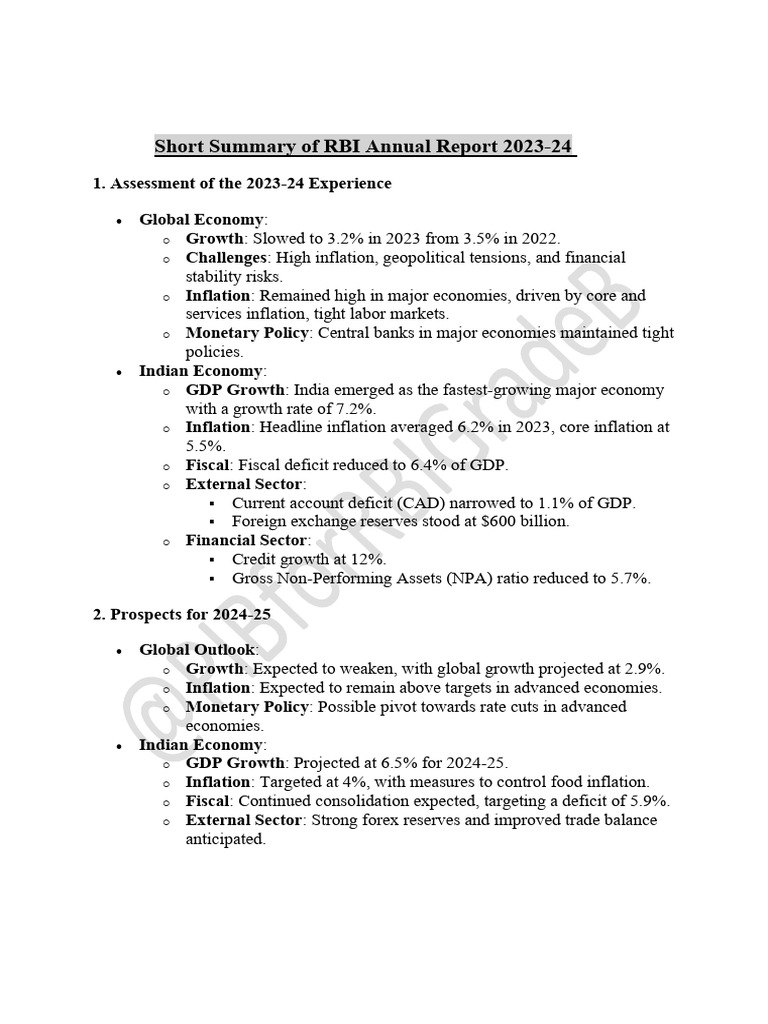 Short Summary of RBI Annual Report 2023-24 | PDF | Inflation ...