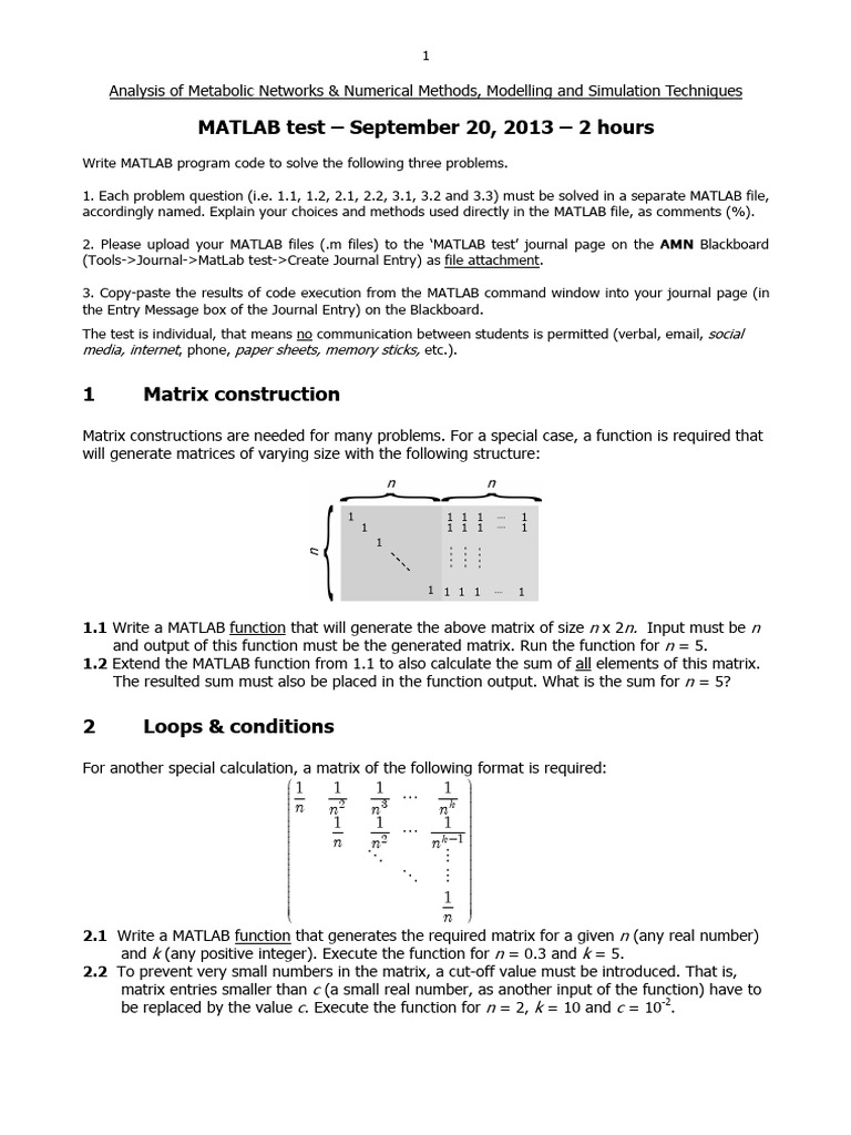 MATLAB Test 2013 | PDF | Matrix (Mathematics) | Matlab