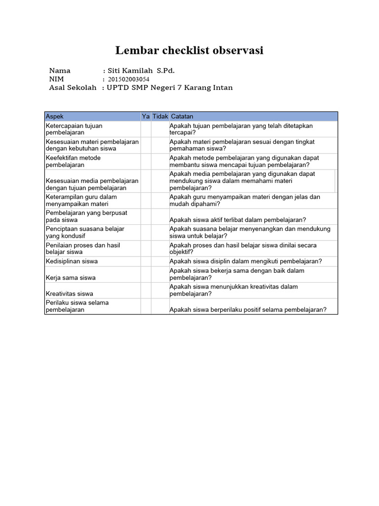 ST Kamilah - Lembar Checklist Observasi | PDF | Karier & Perkembangan