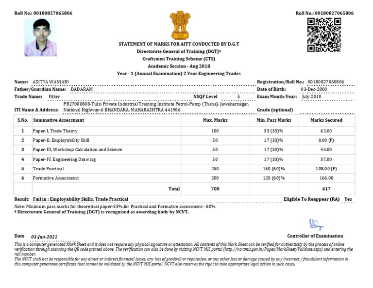 Marksheet R180827065806 1 | PDF | Technology & Engineering