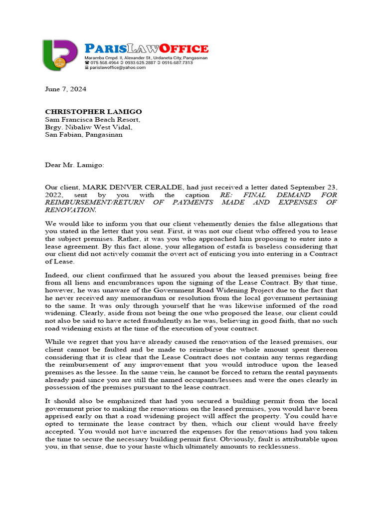 Reply to demand letter | PDF | Lease | Contract Law