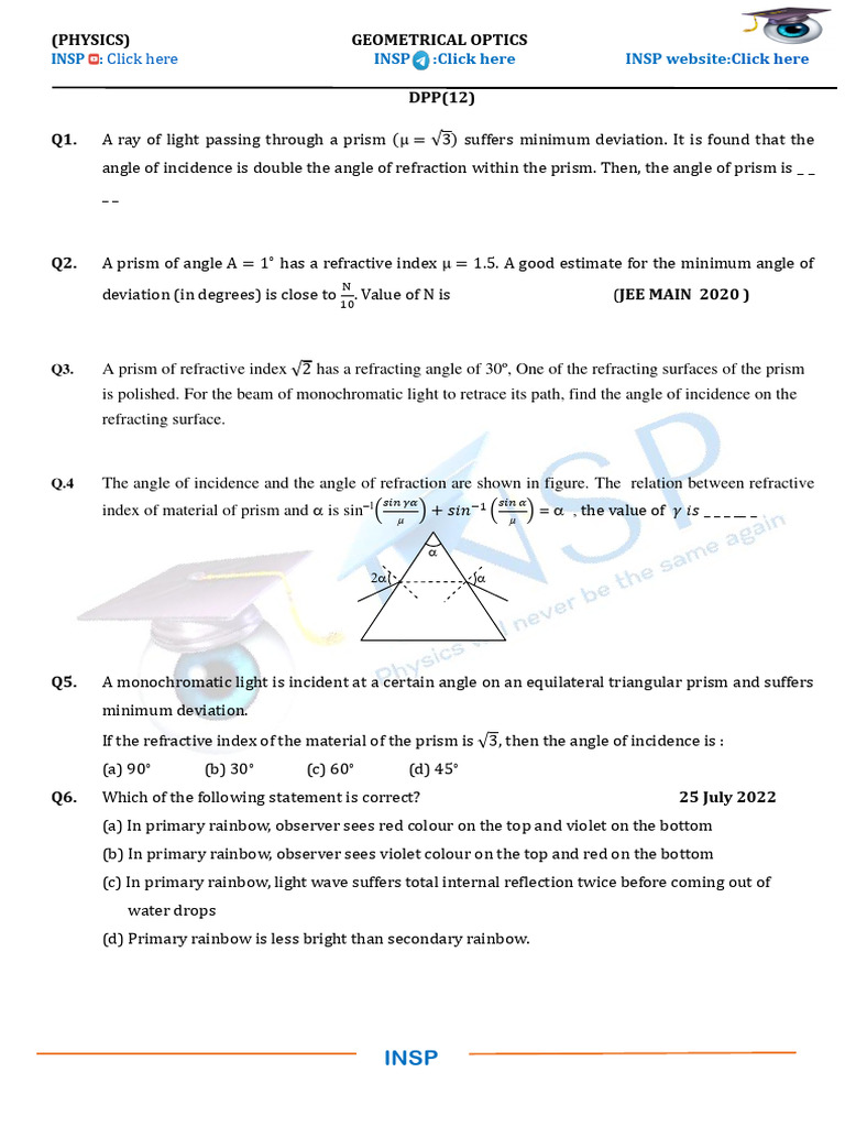 DPP-12 Geometrical Optics | PDF | Refraction | Rainbow