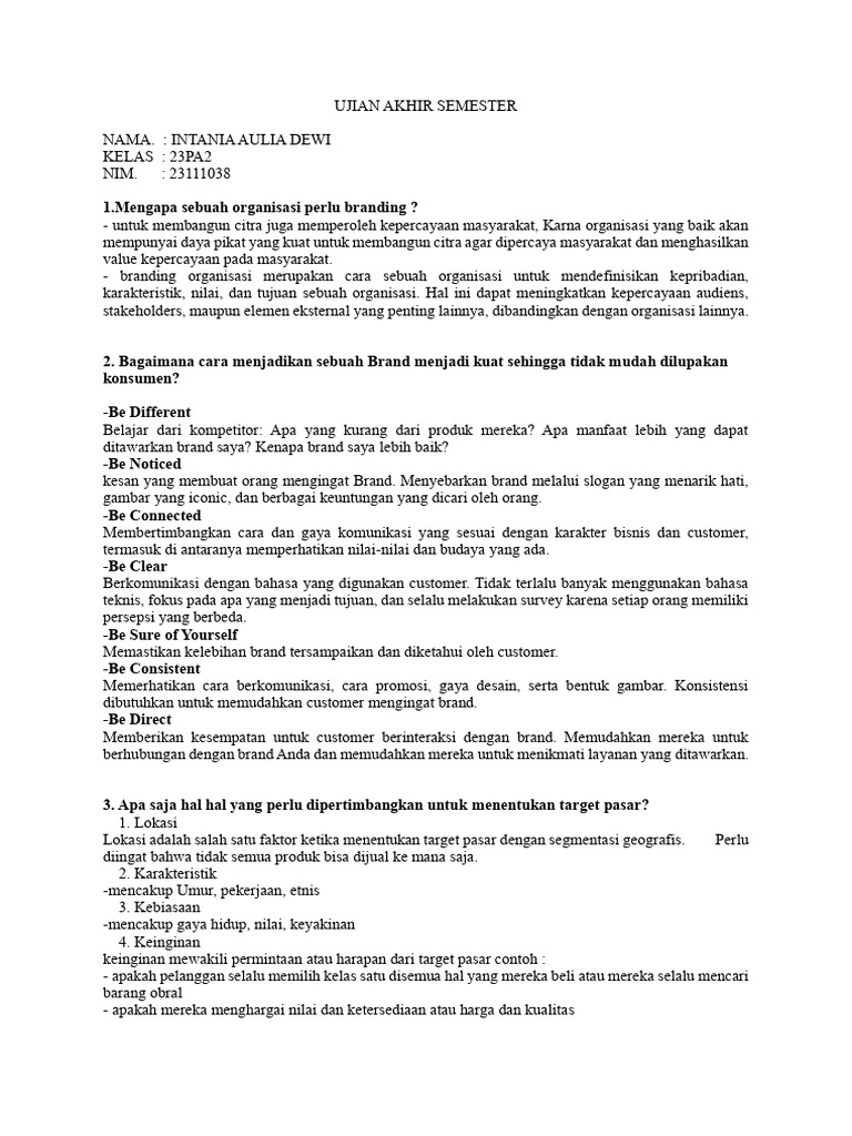 Uas Prinsip Pemasaran - Intania Aulia Dewi | PDF | Karier & Perkembangan