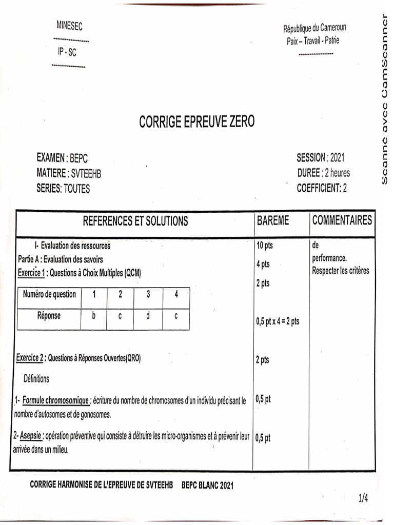 Bepc Zéro 2021 Svteehb Corrigé | PDF