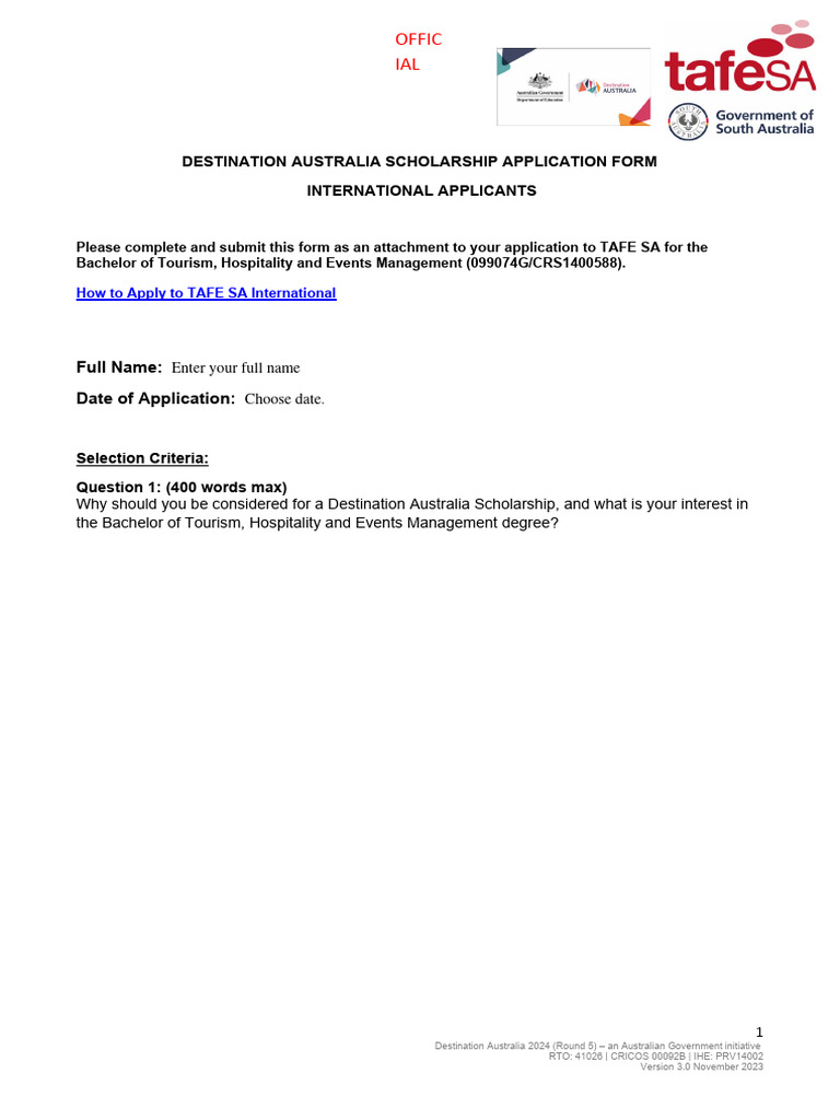 TAFE SA Destination Australia Scholarship Application Form ...
