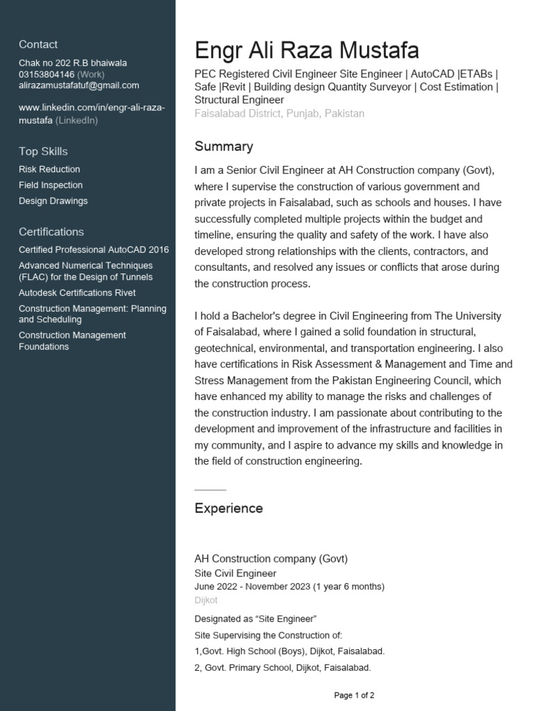Civil Engineer Profile: Ali Raza Mustafa | PDF | Civil Engineering ...