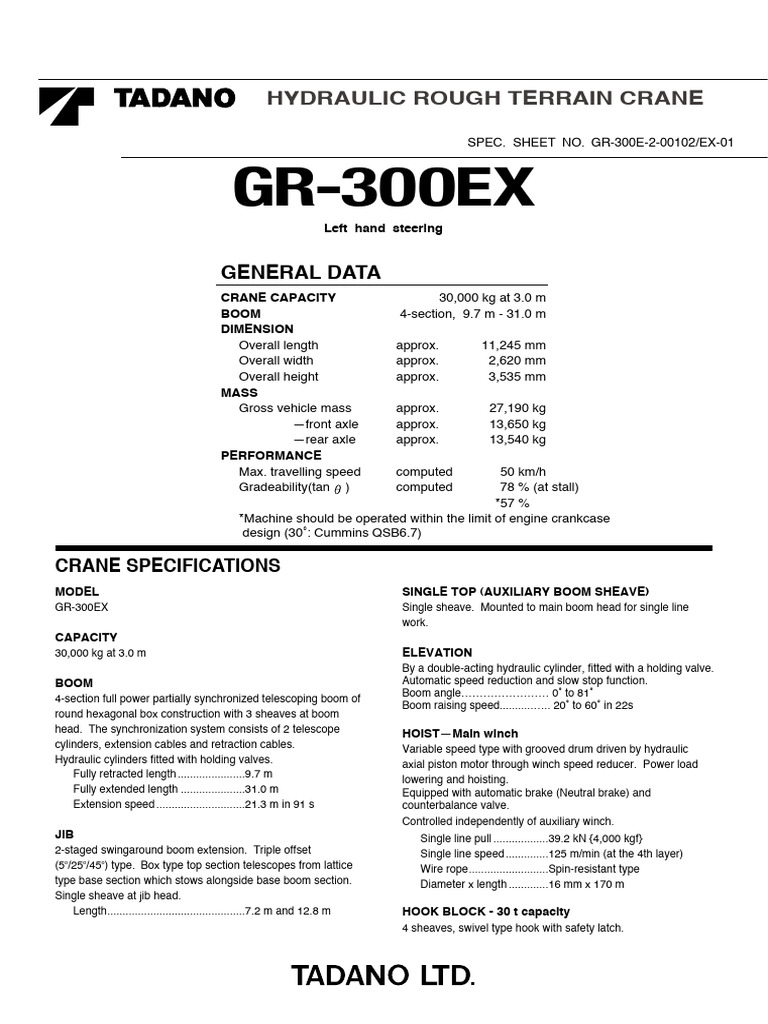 GR-300EX Crane Specifications Overview | PDF | Crane (Machine) | Brake