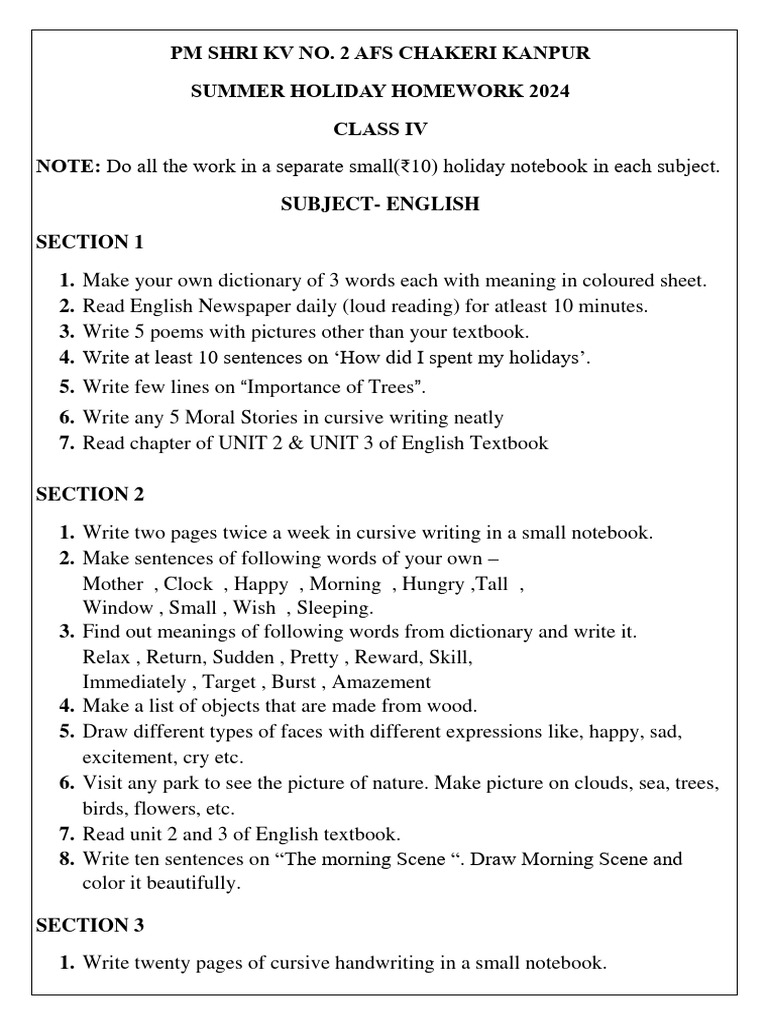 CLASS 4 SUMMER HOLIDAY HOMEWORK 2024 | PDF