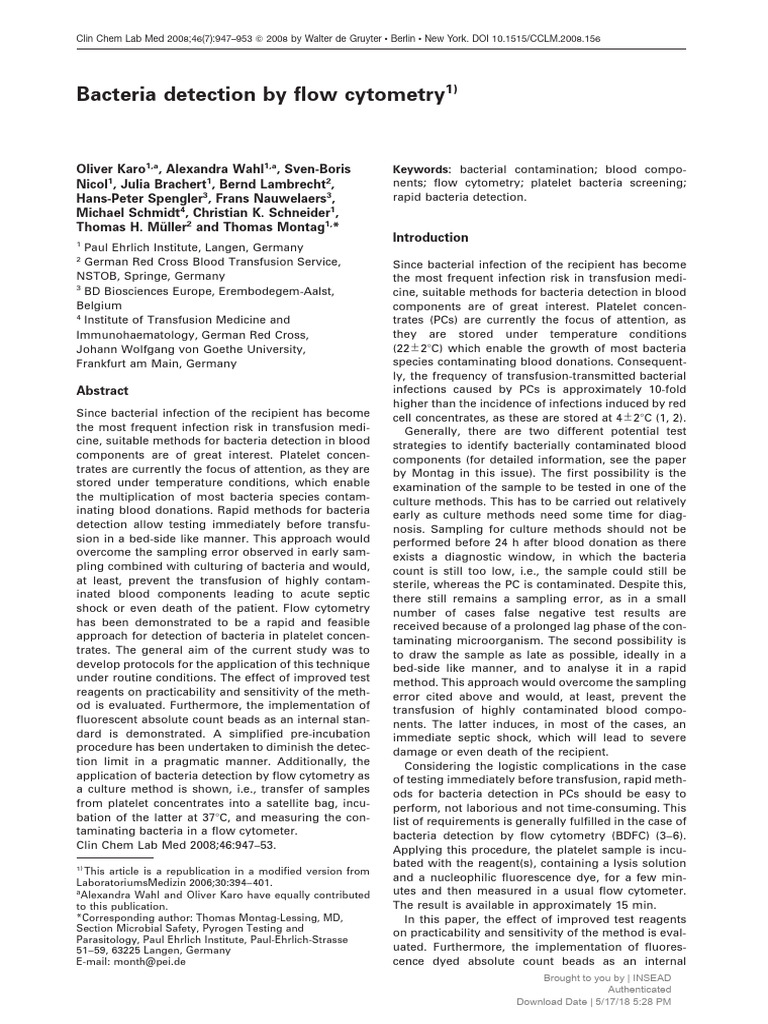 Karo2008 Bacteria Detection by Flow Cytometry | PDF | Bacteria | Platelet