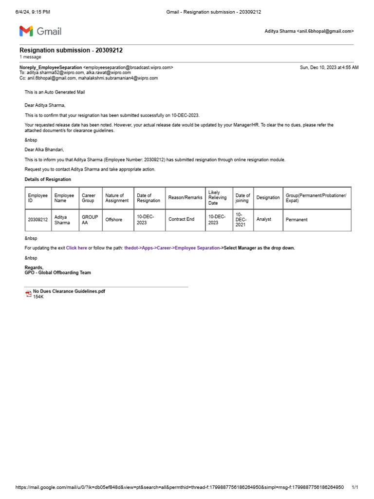 Gmail - Resignation Submission - 20309212 | PDF