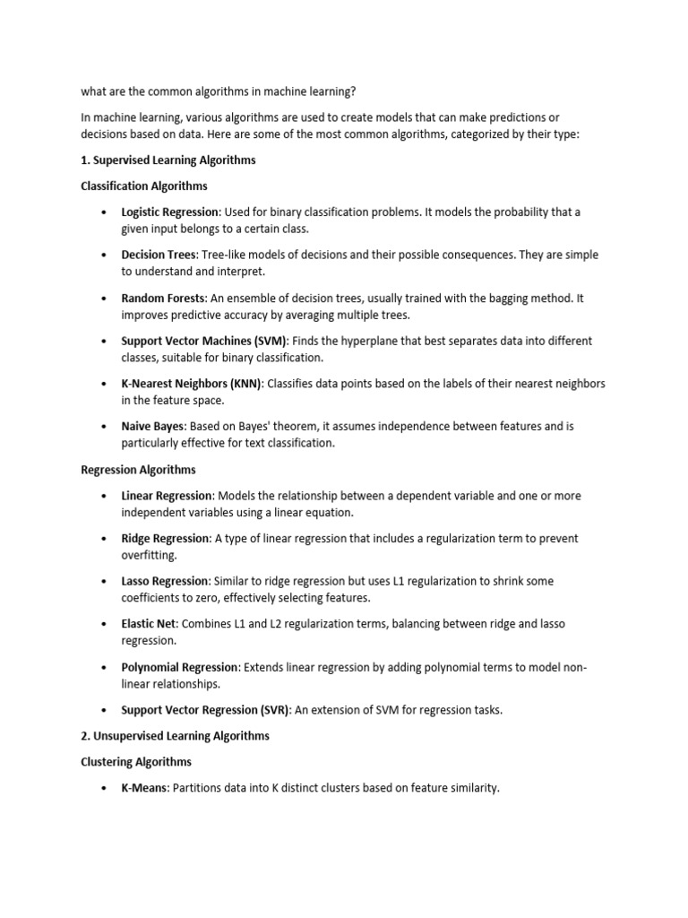 What Are The Common Algorithms in Machine Learning | PDF | Support Vector Machine | Machine Learning
