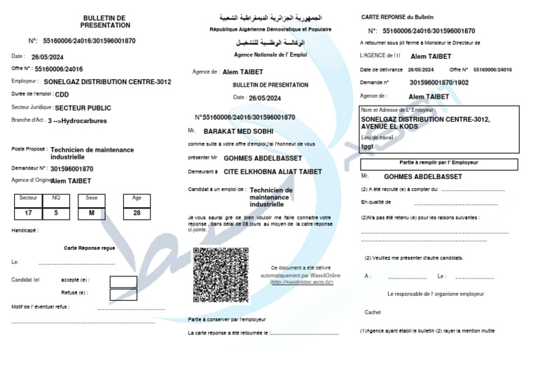 Bulletin de Présentation ANEM | PDF | Travail