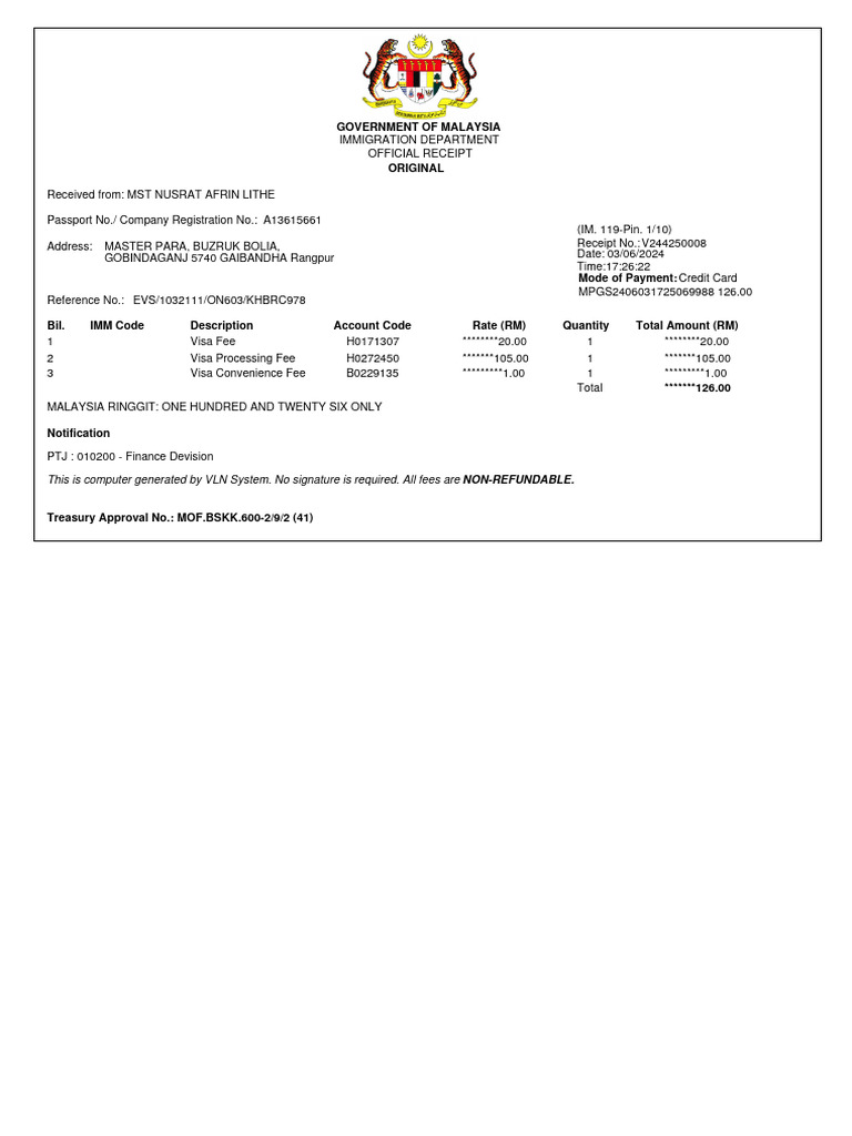Malaysia eVISA Receipt - MST NUSRAT AFRIN - LITHE | PDF