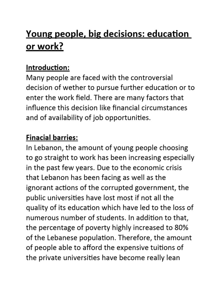 Education vs. Work: Lebanese Youth Choices | PDF | Business