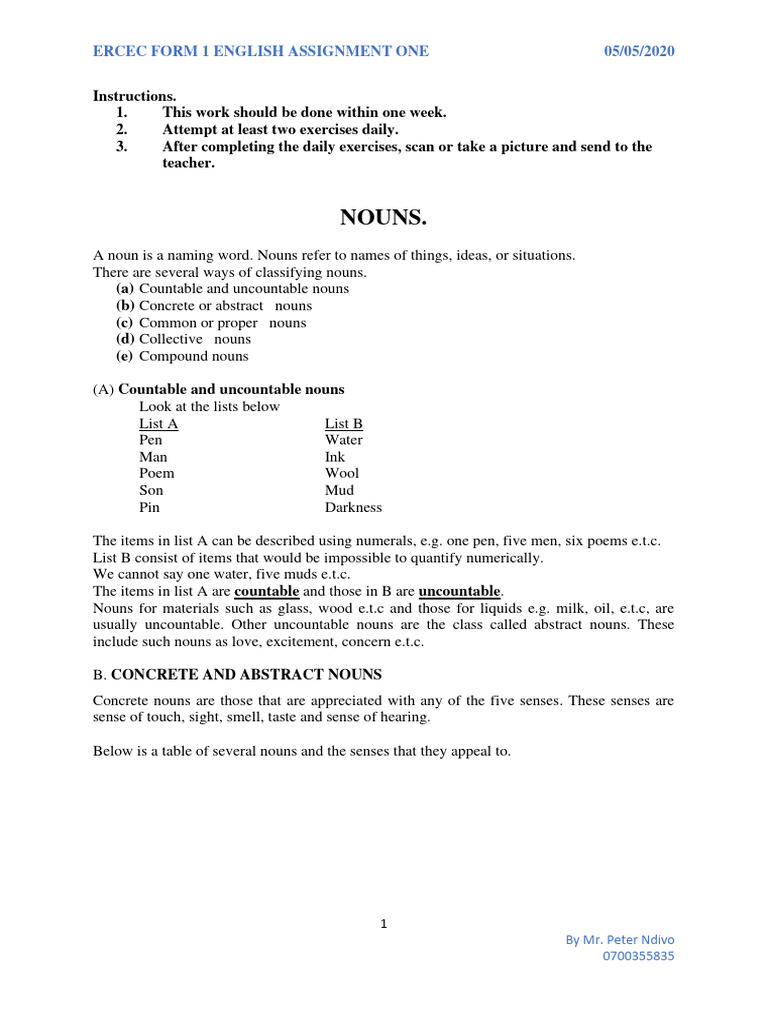 Form 1 Assignment ONE English | Download Free PDF | Noun | Subject ...