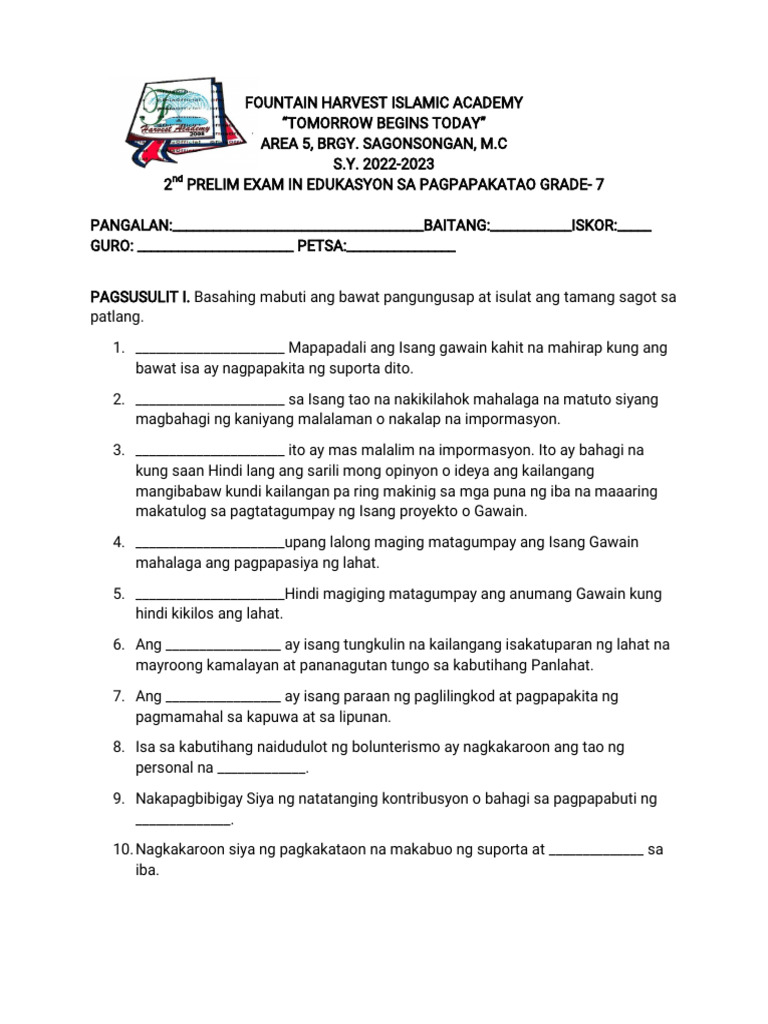 2nd PRELIM EXAM (ESP 7) | PDF