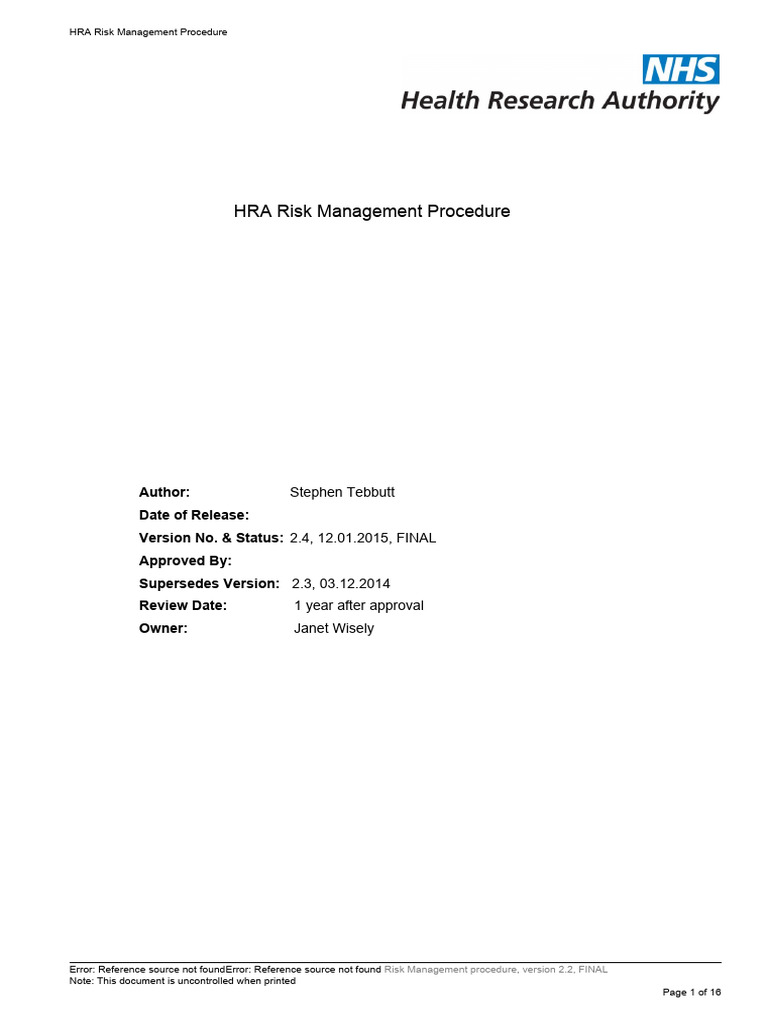 HRA Risk Management Procedure Guide | PDF | Risk Management | Audit