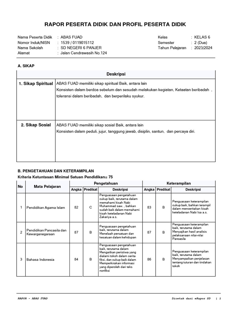 Rapor KELAS 6 20232 Edit | PDF