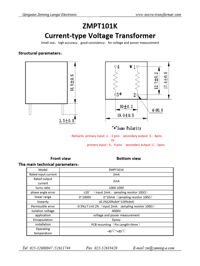 ZMPT101K Voltage Transformer Datasheet | PDF