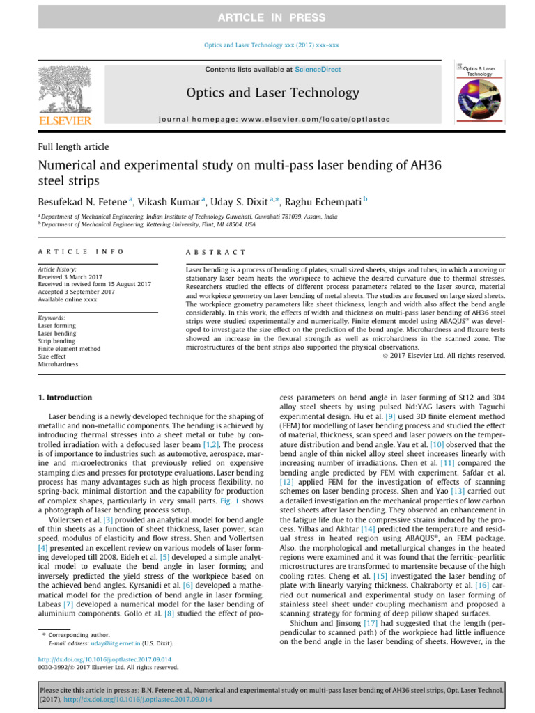 Numerical and Experimental Study On Multi-Pass Laser Bending of AH36 | PDF | Bending | Sheet Metal