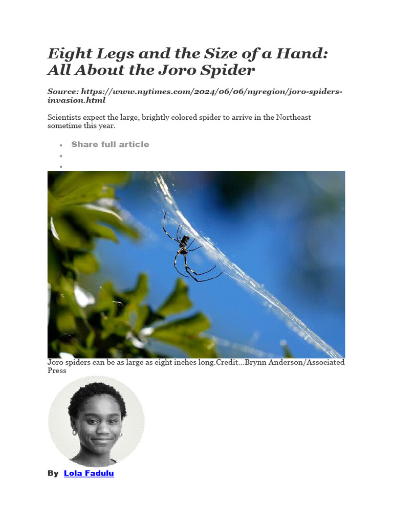 2 Eight Legs and the Size of a Hand- All About the Joro Spider | PDF ...