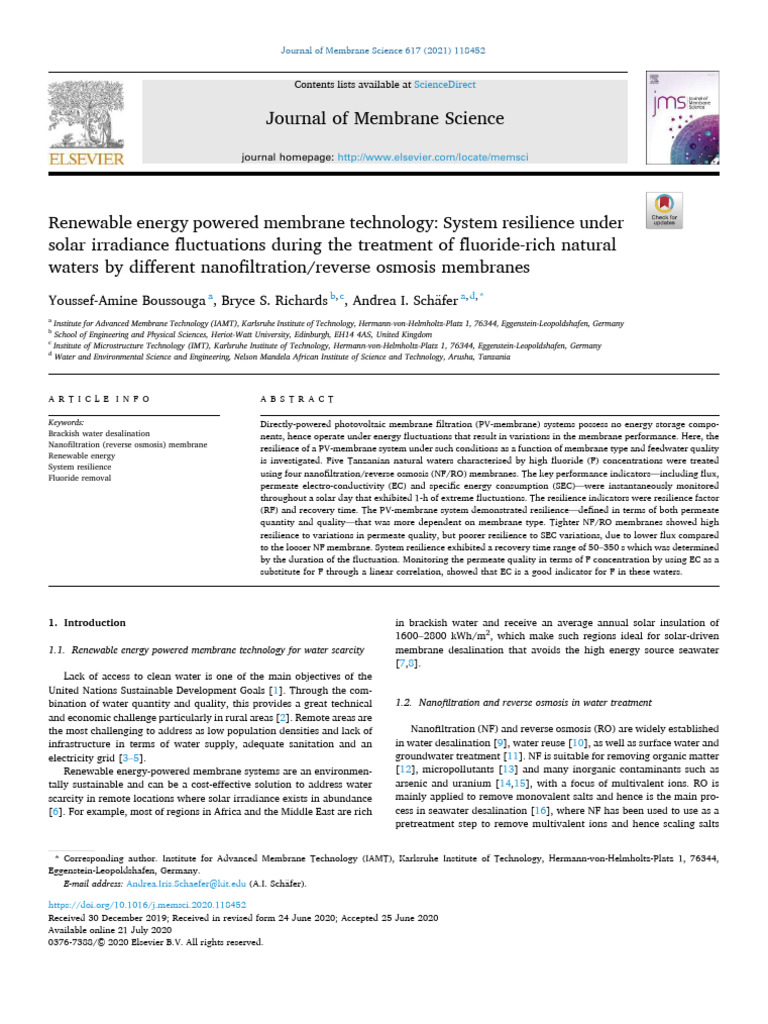 J6 - Boussouga Et Al.b JMS 2021 - Compressed | PDF | Membrane | Desalination
