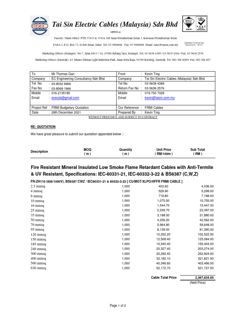 TSKL-2021-12-1119-Quotation - FRMI Cables (EC) | PDF