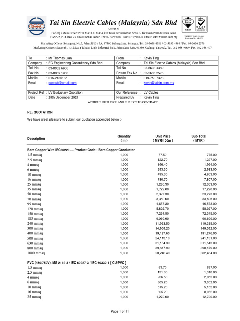 Tai Sin Cable Quotation Details | PDF | Electrical Engineering ...