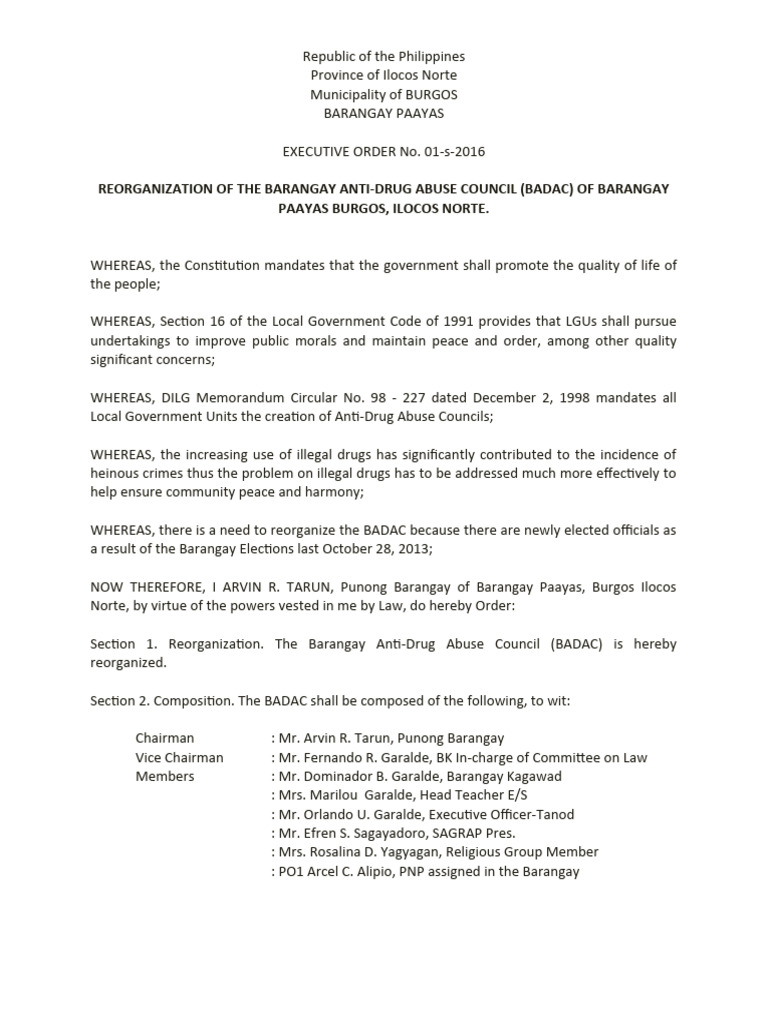 BADAC EO 01-S-2016 | Download Free PDF | Government | Justice