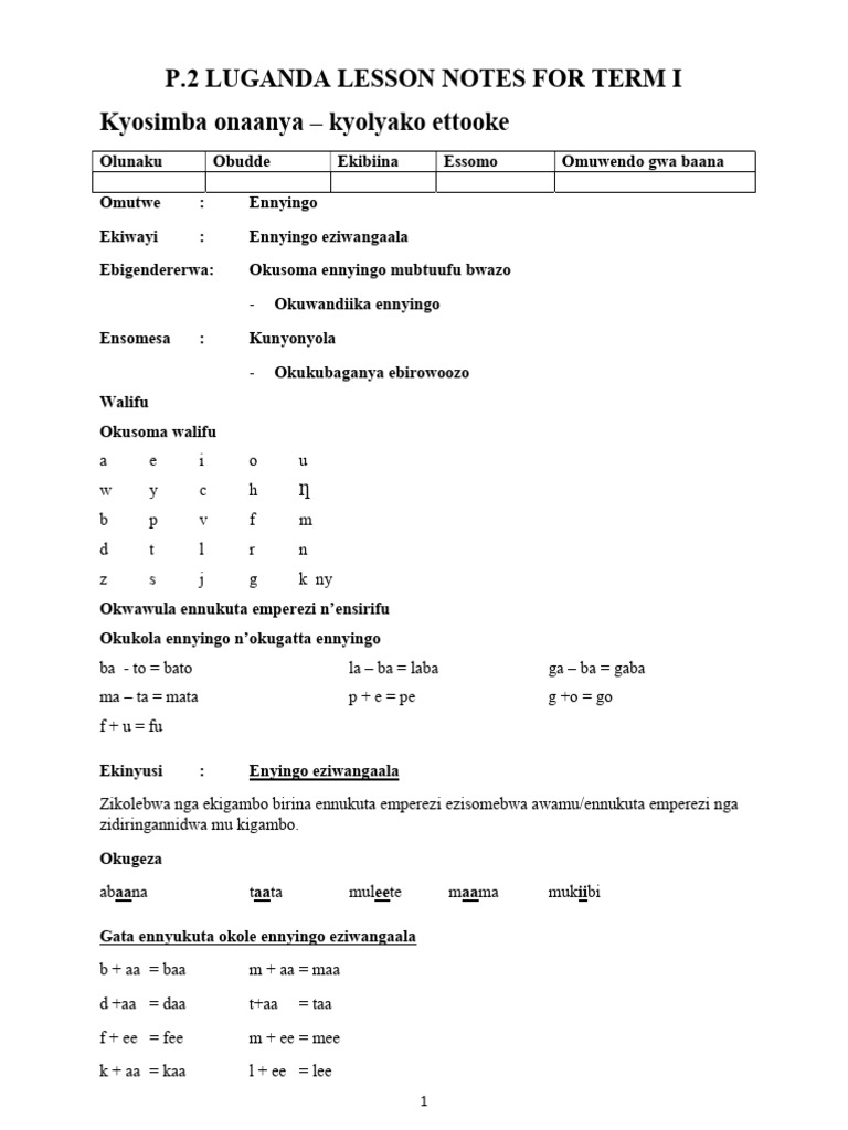 p.2 Luganda Lesson Notes Term I | PDF | Languages Of Africa | Phonetics
