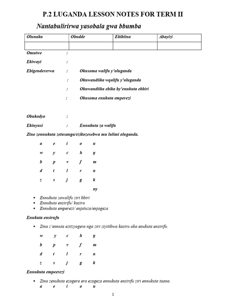 p.2 Luganda Lesson Notes Term II | PDF | Bantu | Languages Of Africa