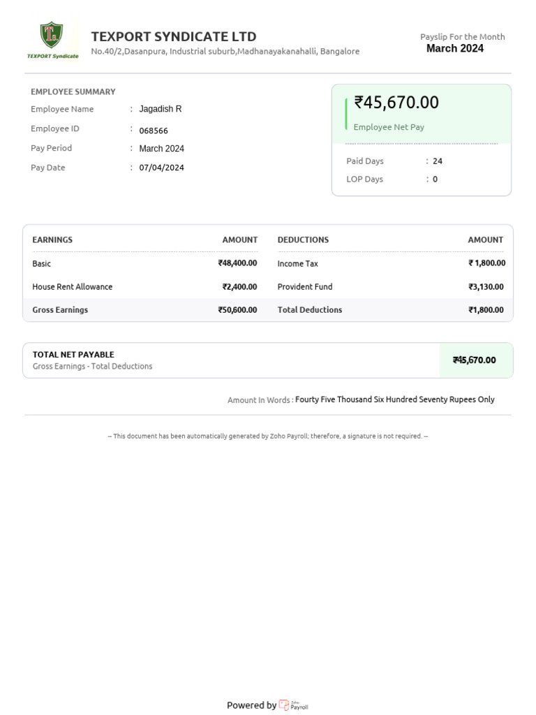 March 2024 Payslip for Jagadish R | PDF