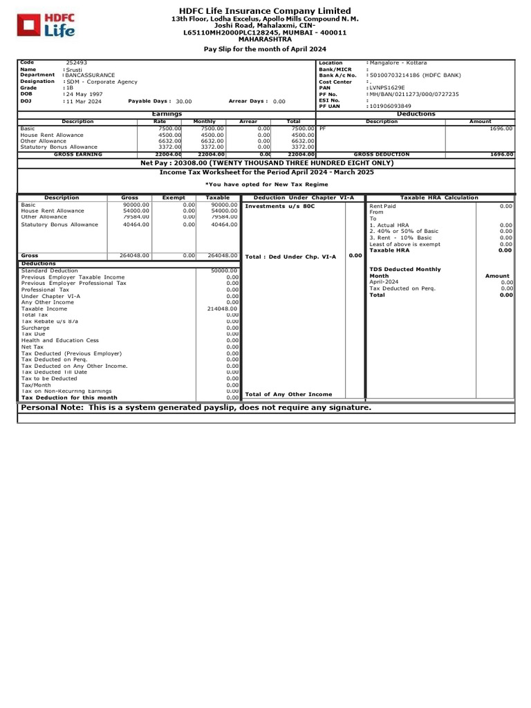 Personal Note: This Is A System Generated Payslip, Does Not Require Any ...