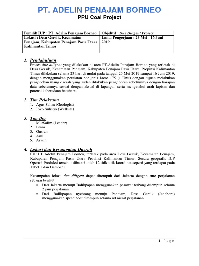 PPU Coal Project - PT - Adelin Penajam Borneo 2019 (1) - Compressed | PDF