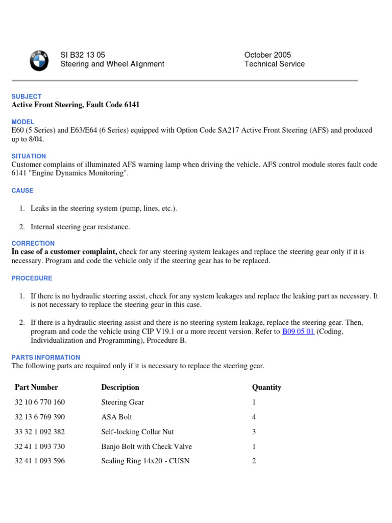 Active Front Steering, Fault Code 6141: Subject | PDF | Steering ...