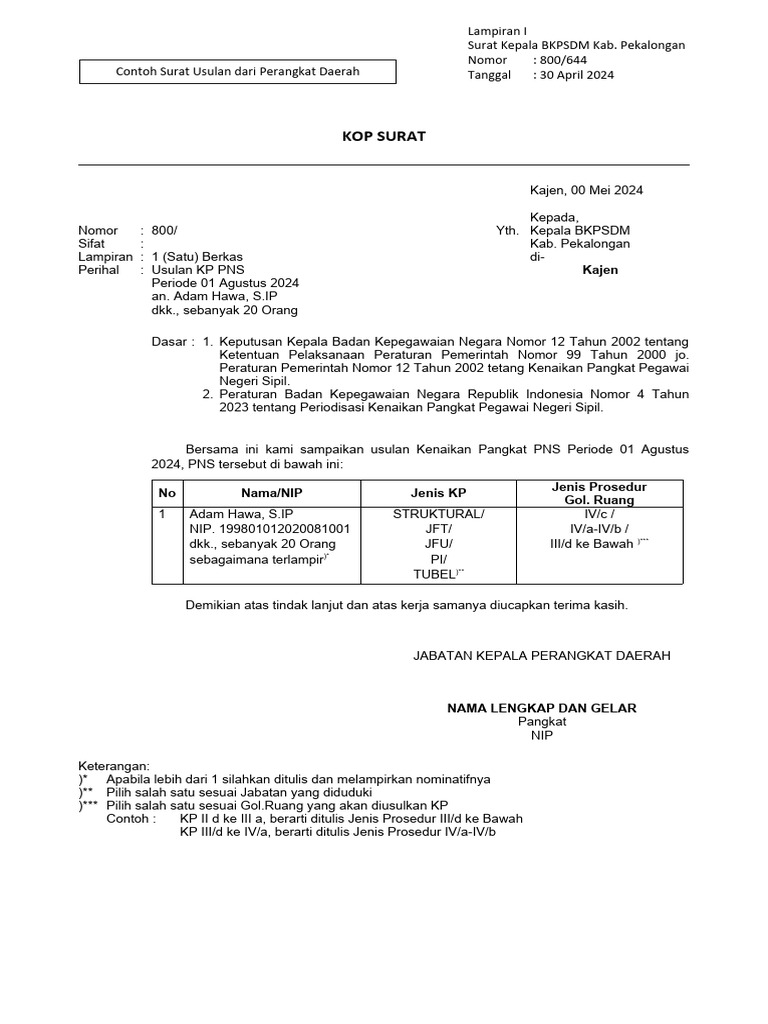 Contoh Surat Usulan KP PNS Tahun 2024 | PDF
