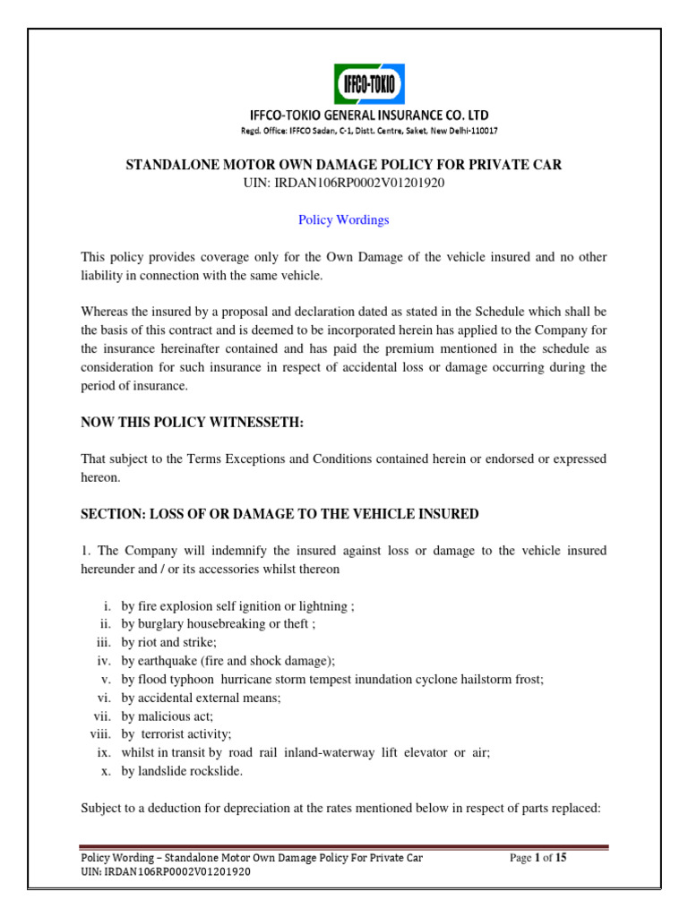 Iffco Tokio Policy Wording For Private Car | PDF | Insurance | Arbitral ...