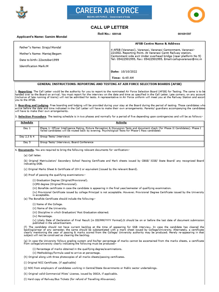 Air Force Selection Board Call Up Letter | PDF | Identity Document ...