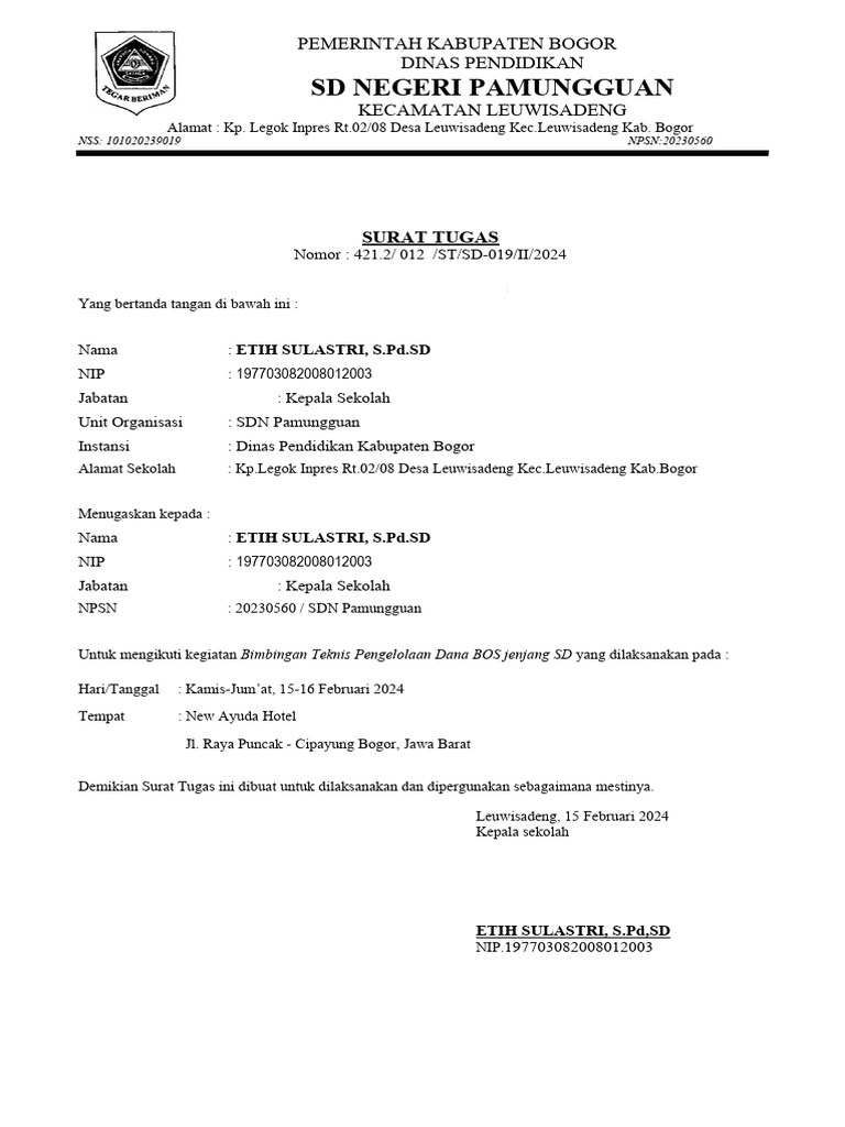 Surat Tugas Kepala Sekolah | PDF