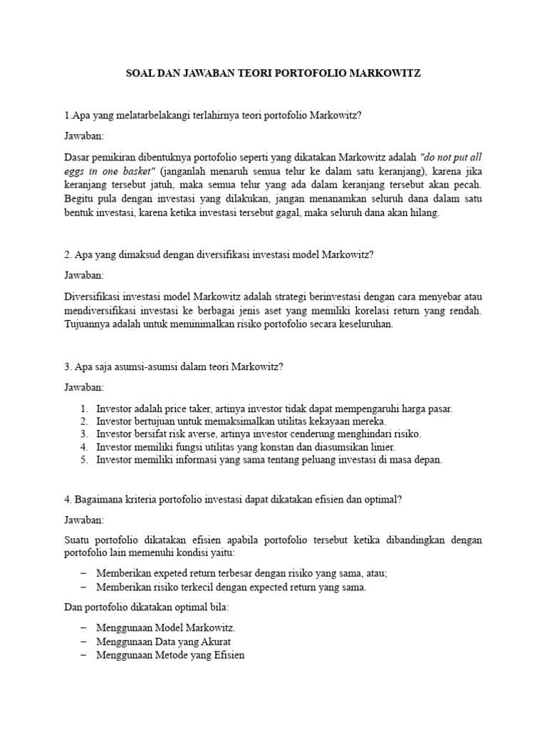 Soal Dan Jawaban Teori Portofolio Markowitz | PDF | Karier & Perkembangan | Bisnis