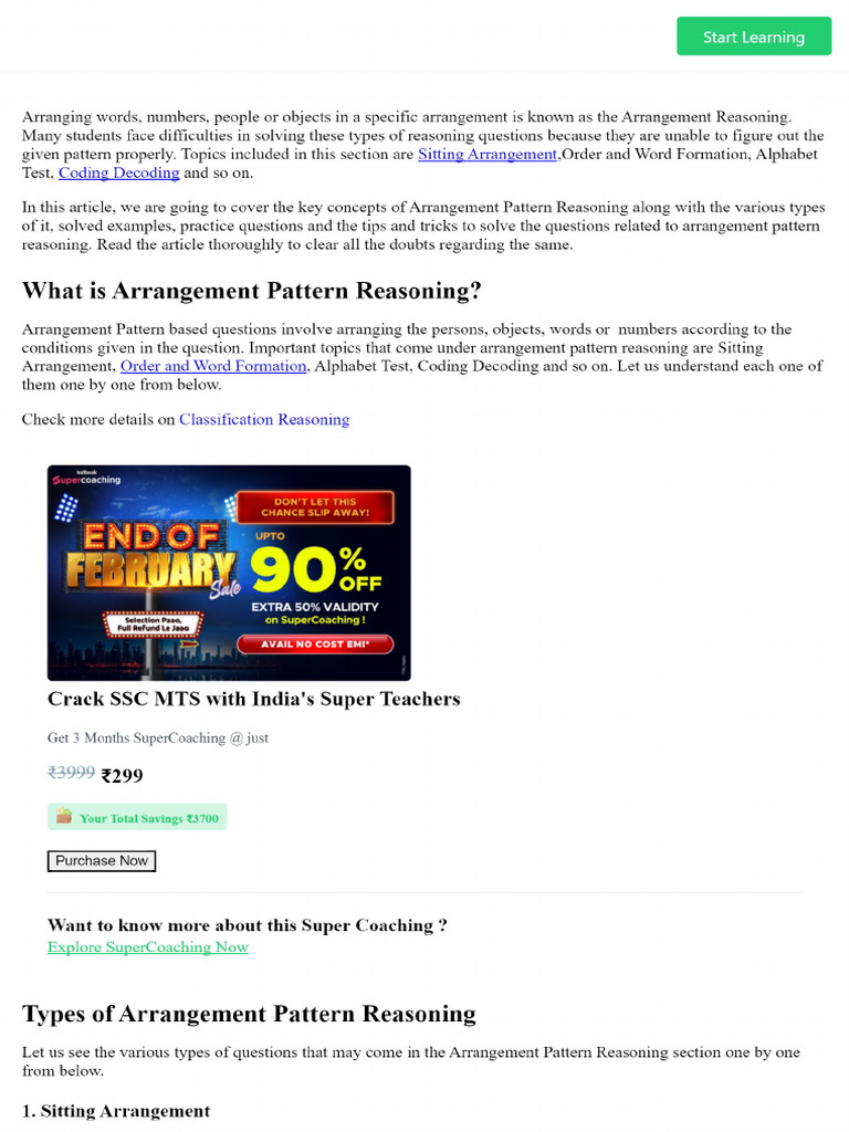 Arrangement Pattern Reasoning - Key Concepts With Solved Examples | PDF