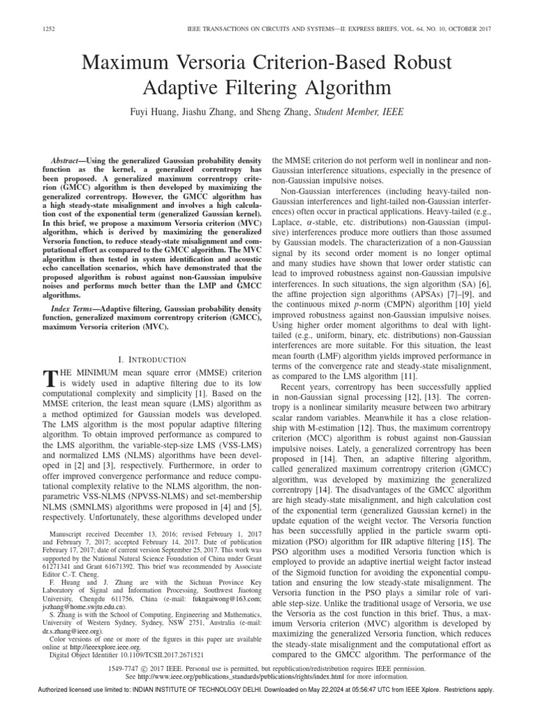 Maximum Versoria Criterion-Based Robust Adaptive Filtering Algorithm | PDF | Normal Distribution ...